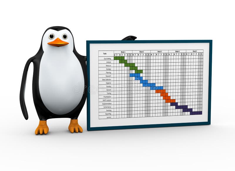 3d Penguin with Gantt Chart Project Management Stock Illustration ...