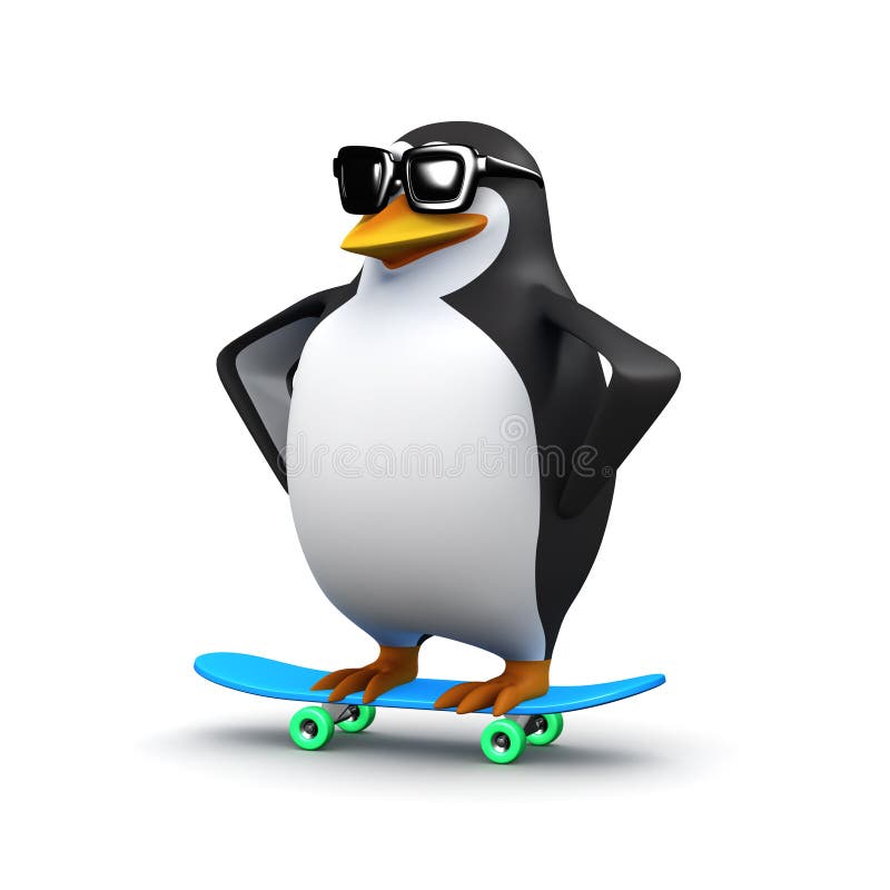 3d Penguin on a skateboard stock illustration. Illustration of creature ...