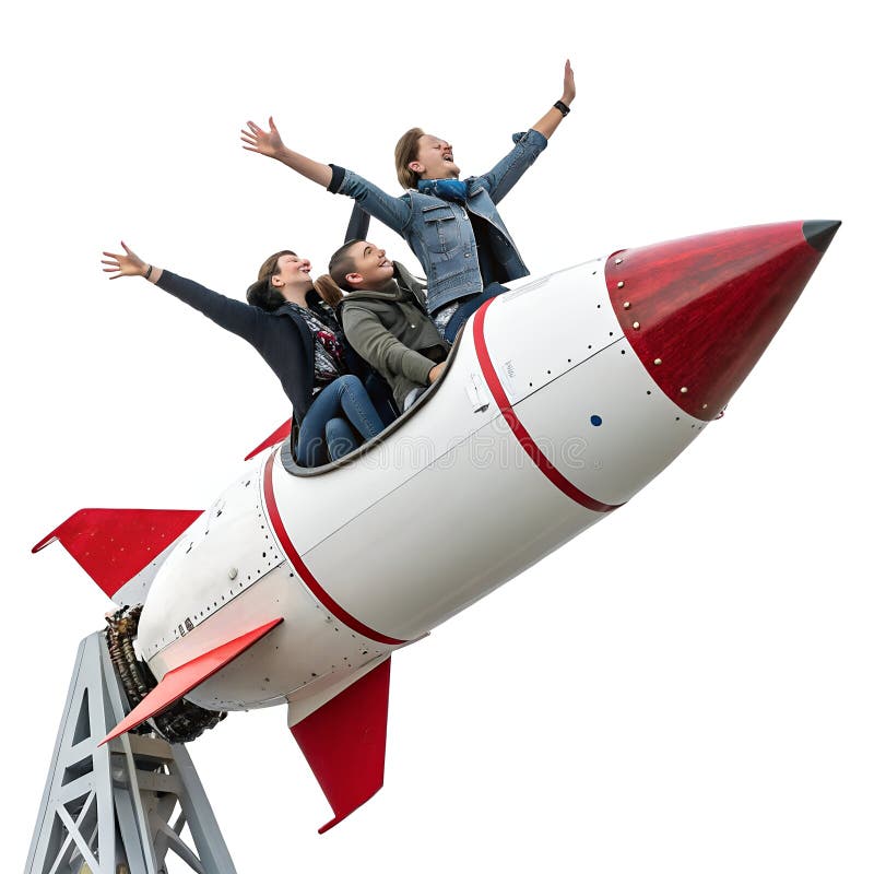 3D People Flying on Rocket Isolated on White Background Stock ...