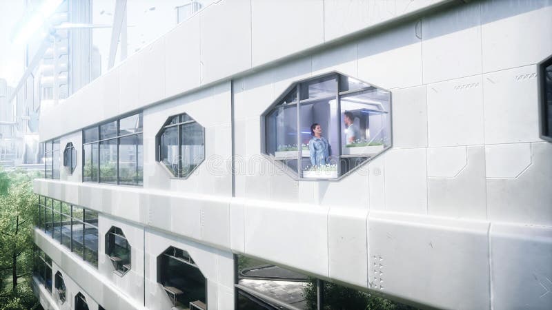 3d People in Futuristic Living Room. Future Concept. 3d Rendering ...