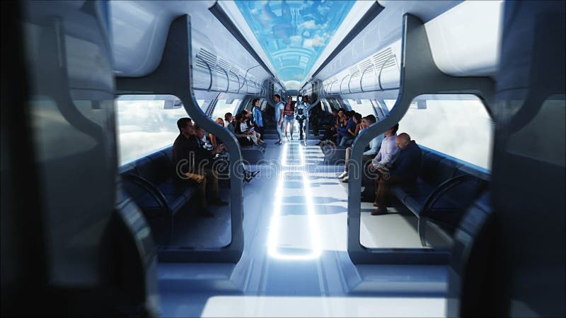 Flying Passenger Train in Clouds. Utopia. Concept of the Future. Aerial ...