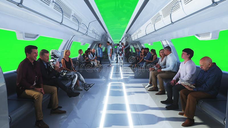 3d People and Robots. Flying Passenger Train. Utopia. Concept of the ...