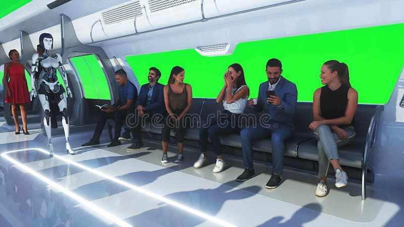 3d People and Robots. Flying Passenger Train. Utopia. Concept of the ...