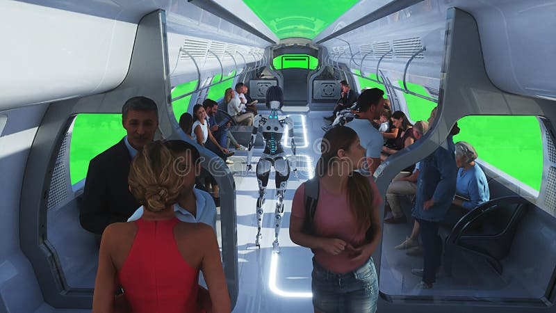 3d People and Robots. Flying Passenger Train. Utopia. Concept of the ...