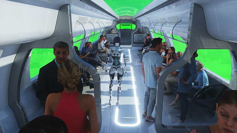 Flying Passenger Train in Clouds. 3d Peoples and Robots. Utopia ...