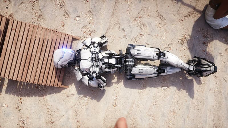3d Peoples and Robots on Futuristic Beach. Future Concept. Realistic 4k ...