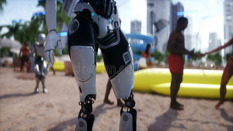 3d Peoples and Robots on Futuristic Beach. Future Concept. Realistic 4k ...