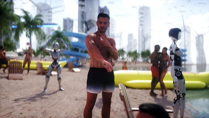 3d Peoples and Robots on Futuristic Beach. Future Concept. 3d Rendering ...