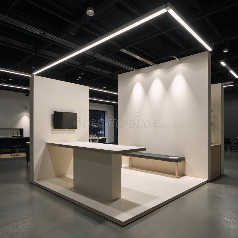 3D Perspective Render Minimalistic Cement Texture Exhibition Booth ...