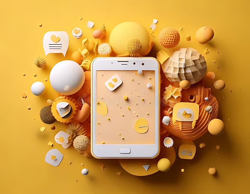 A 3D Phone Design with Social Media App Icons on Yellow Surface Stock ...
