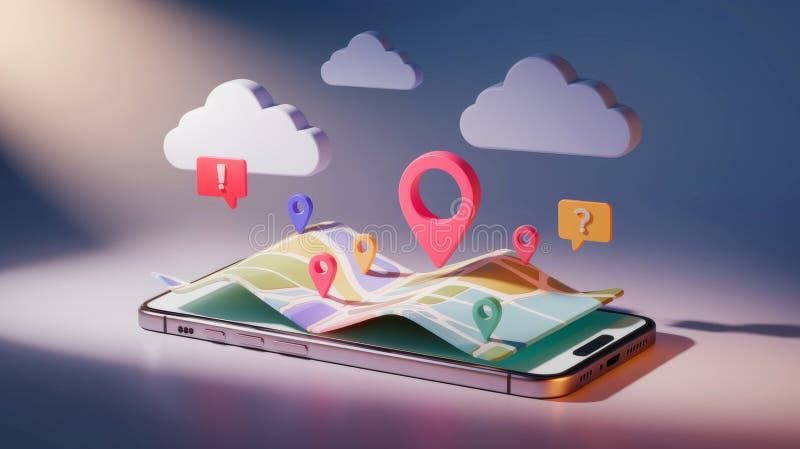 3D Phone Map Navigation App with Pinpoint Locations Cloud Symbols AI ...