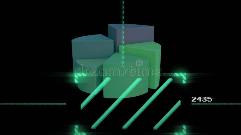 3D Pie Chart and Bars with Data Processing Animation Over Black ...