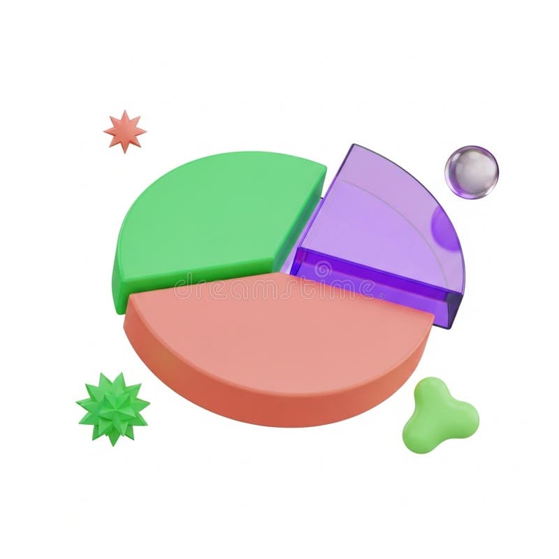 3D Pie Chart with Green, Coral, and Purple Slices and Abstract Shapes Graph Data Stock ...
