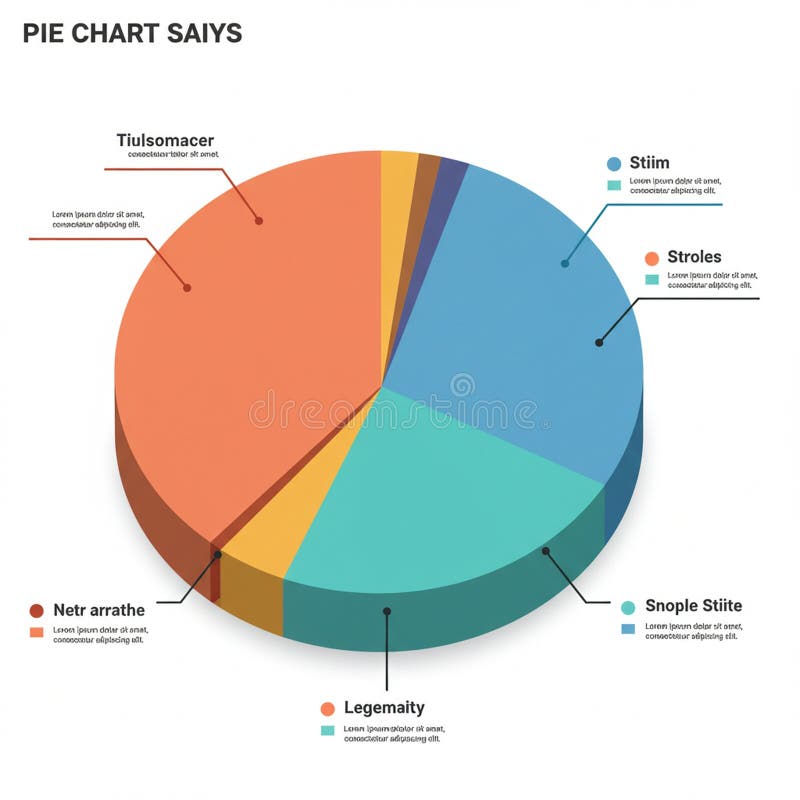 3D Pie Chart with Six Colored Segments, Each Labeled with Nonsensical ...