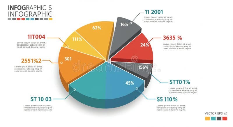 3D Pie Chart with Six Segments, Each Labeled with Percentages and ...