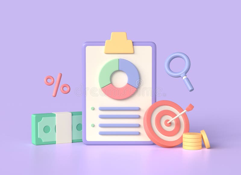 3d Pie Chart, Target and Arrow, Stack of Money in Cartoon Style ...