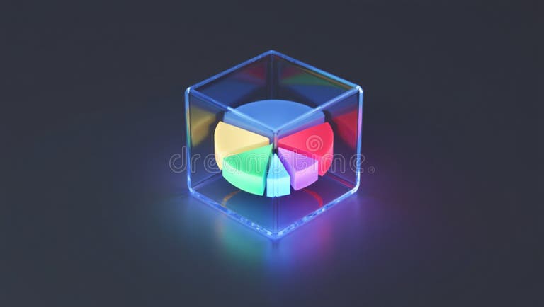 Abstract 3D Pie Chart Visualization Inside Futuristic Transparent Cube with Neon Lights Stock ...