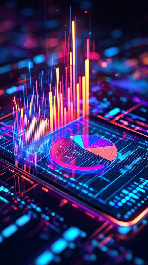3D Pie Charts and Bar Graphs Emerging from a Digital Tablet, Surrounded ...