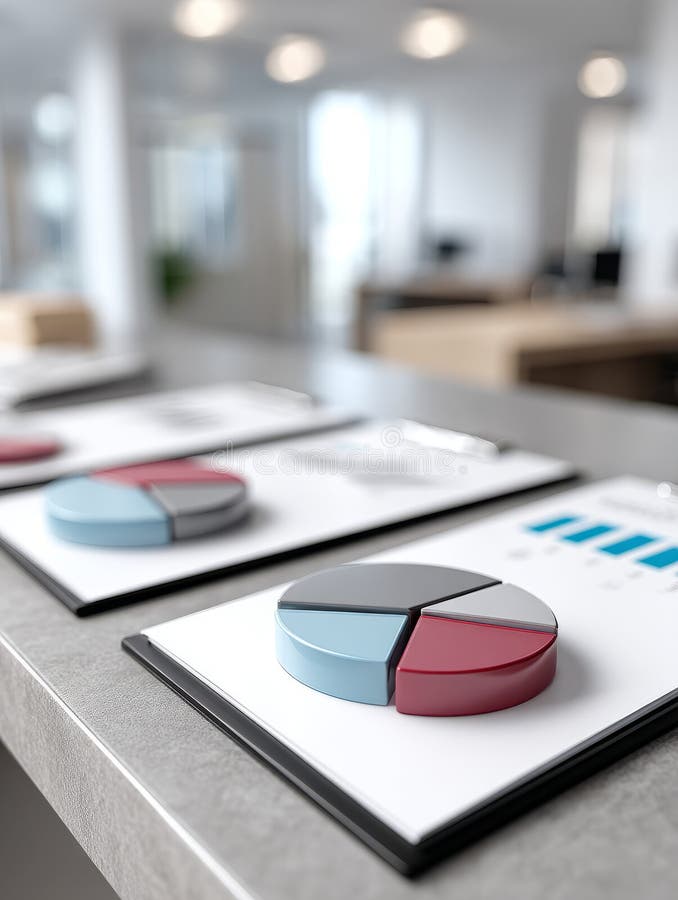 3D Pie Charts on Clipboards in a Modern Office Setting. Stock Photo ...