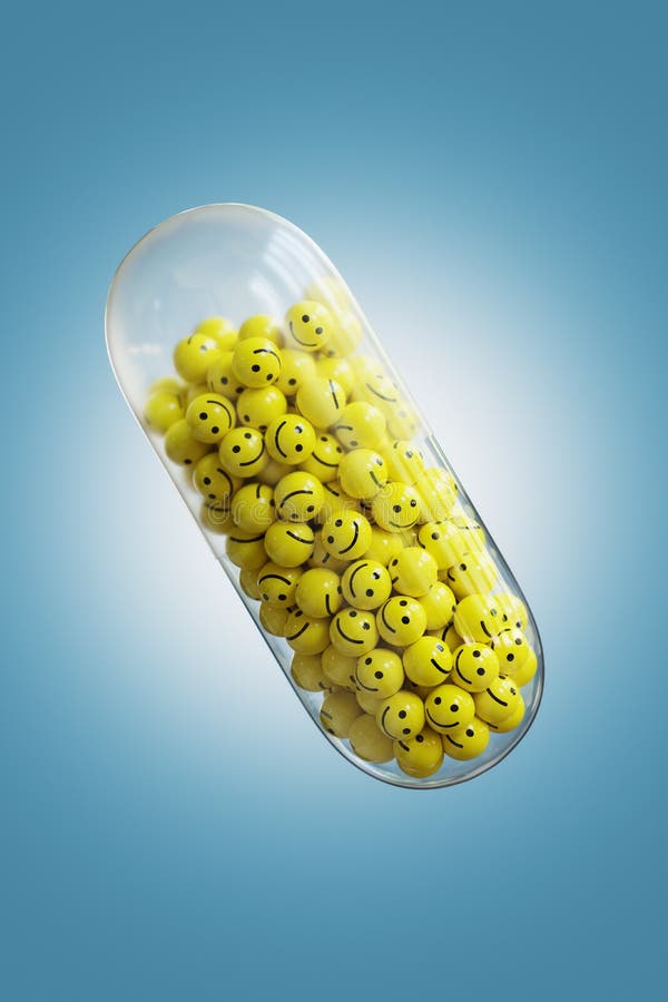 3D Pill Filled with Yellow Happy Balls, Isolated on Blue Background ...