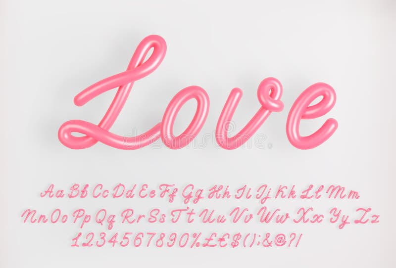 3D Pink Script Alphabet with Numbers on Light Background. Cute Cursive ...