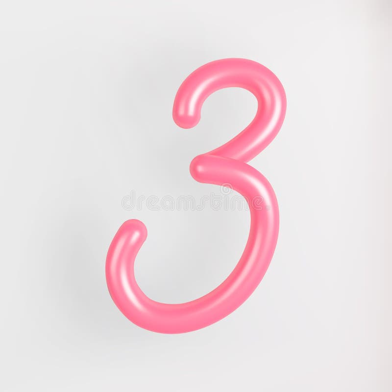 3D Pink Script Number 3 on Light Background. Cute Cursive Bubble ...