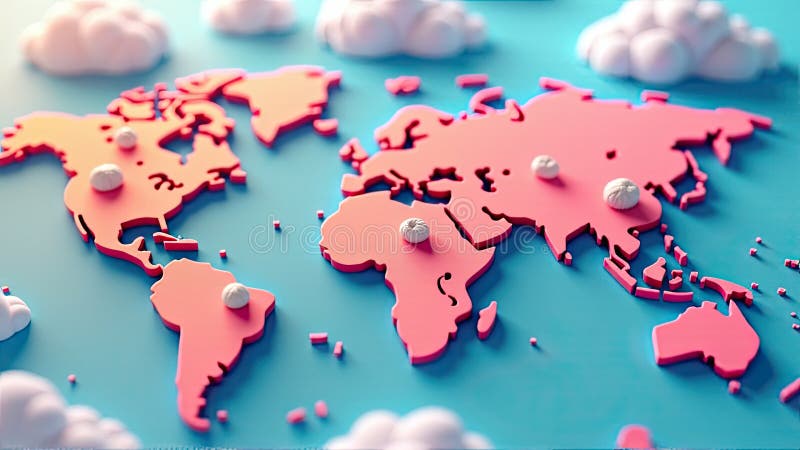 3D Pink World Map with White Clouds Stock Illustration - Illustration ...
