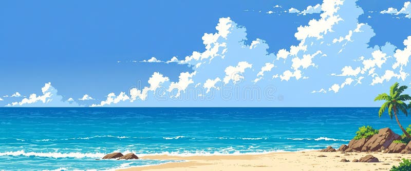 2d Pixel Art of Beach with Blue Sky, Game Art, 16 Bits, 32 Bits. Stock ...