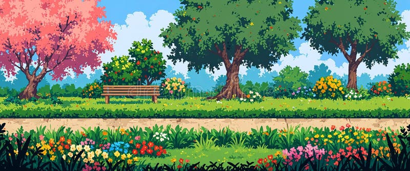 2d Pixel Art of Colorful Garden, Blue Sky, Beautiful Garden, Game Art ...