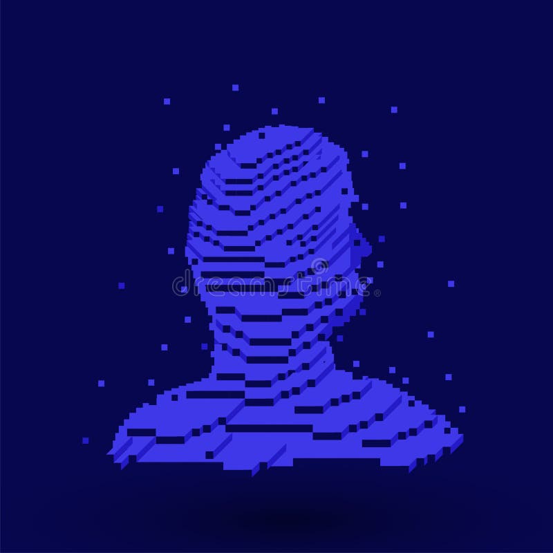 3D Pixel Art Human Head Against Blue Stock Illustration - Illustration ...