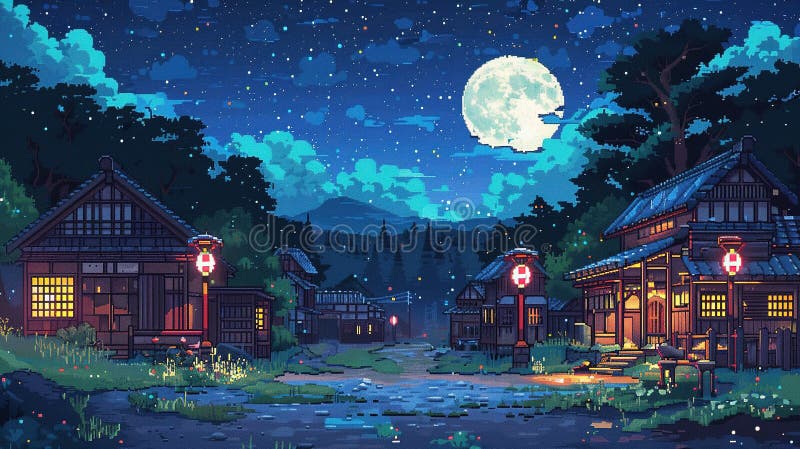 2d Pixel Art of Night Village Stock Illustration - Illustration of town ...