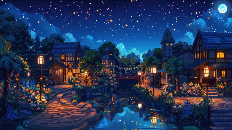 2d Pixel Art of Night Village Stock Illustration - Illustration of ...