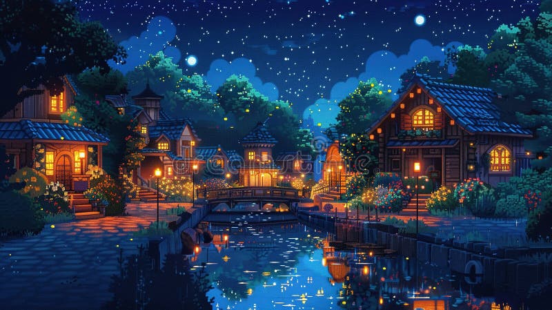 2d Pixel Art of Night Village Stock Illustration - Illustration of ...