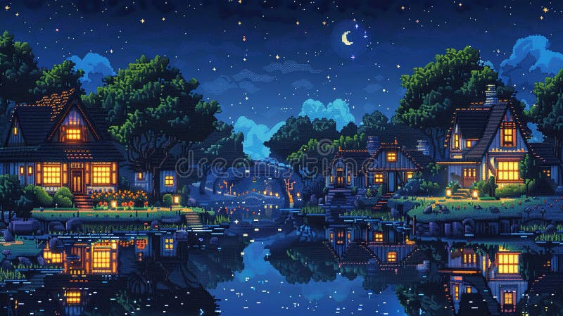 2d Pixel Art of Night Village Stock Illustration - Illustration of ...