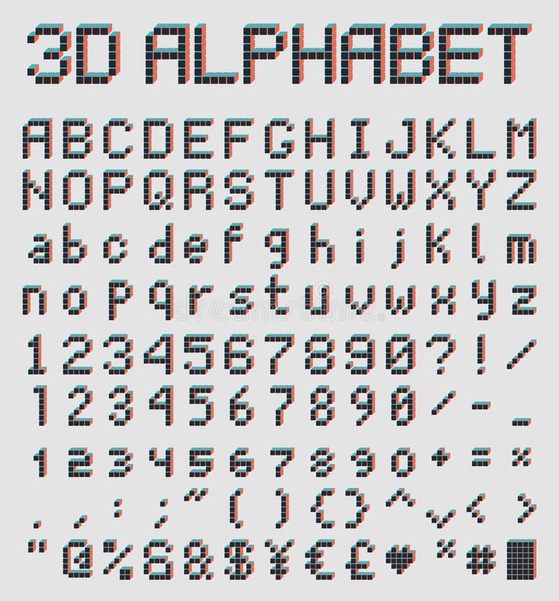 Pixel 3D Font Alphabet and Numbers Isolated Stock Illustration ...