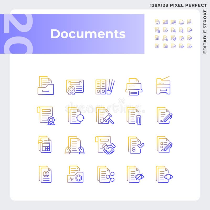 2D Pixel Perfect Gradient Document Icons Set Stock Vector ...