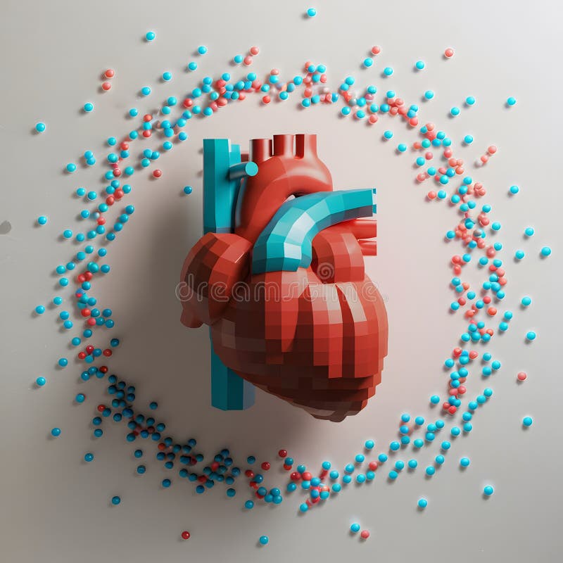 3D Pixelated Heart in Red and Blue, Surrounded by Scattered Spheres ...
