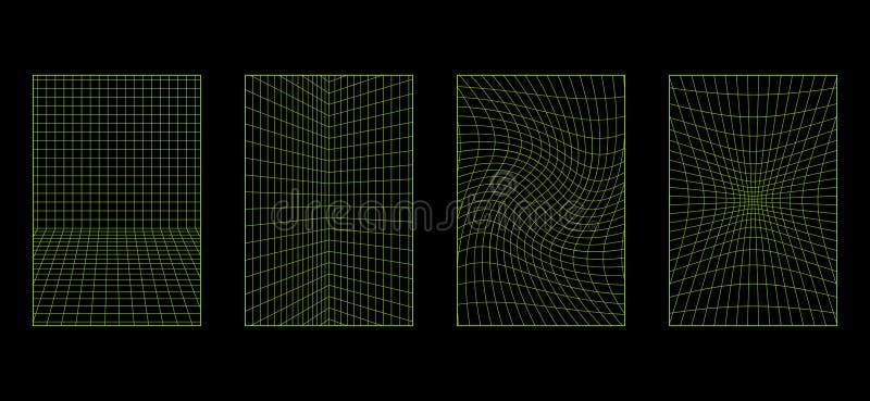 Green Neon Posters and Banners Set. Distorted Vertical Grid in 90s ...