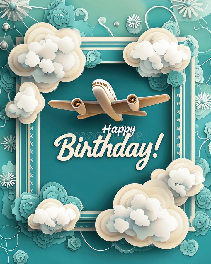 3D Plane Card with Happy Birthday Message in Cloud Frame Stock ...