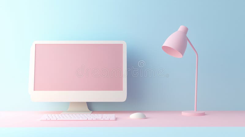 3D Plastic Blue Computer on a Soft Pink Background Stock Illustration ...