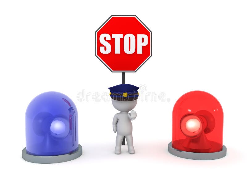 3D Police Man Stop Sign and Emergency Police Lights Stock Illustration ...