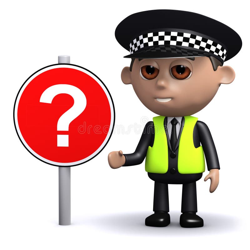3d Police Officer with Question Mark Road Sign Stock Illustration ...