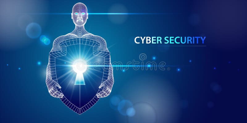 3D Polygonal Man Holding a Shield with a Keyhole. Cyber Security ...