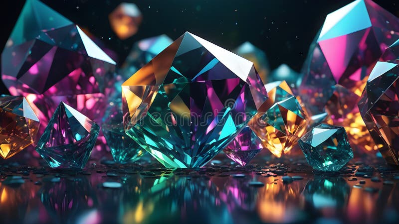 3D Polygonal Structures with Gems and Crystals Reflecting Cool Color ...
