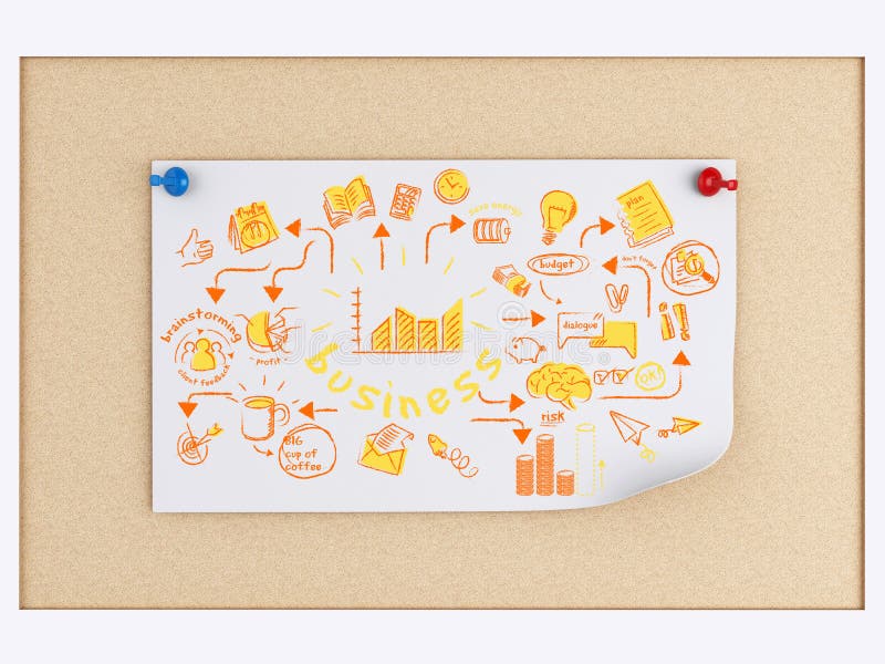 3d Post-it Notes Wth Business Sketch Over Cork Board. Stock ...