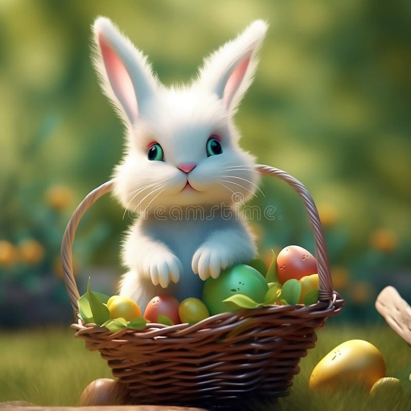 3D Postcard Happy Easter Bunny on Its Hind Legs with Flowers at Sunset ...