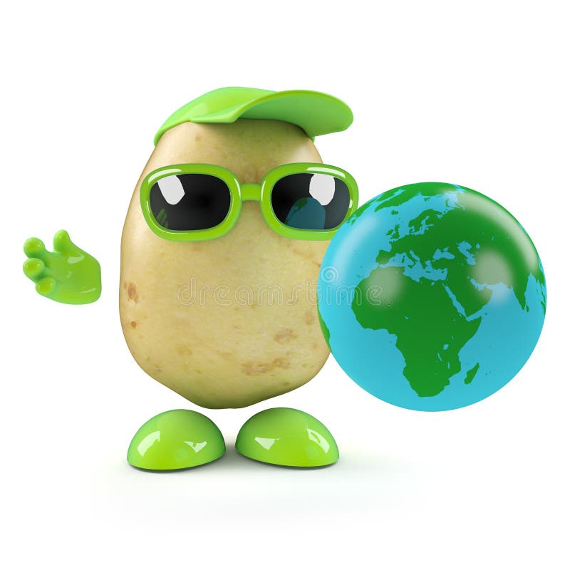 3d Potato Man Studies a Globe of the Earth Stock Illustration ...