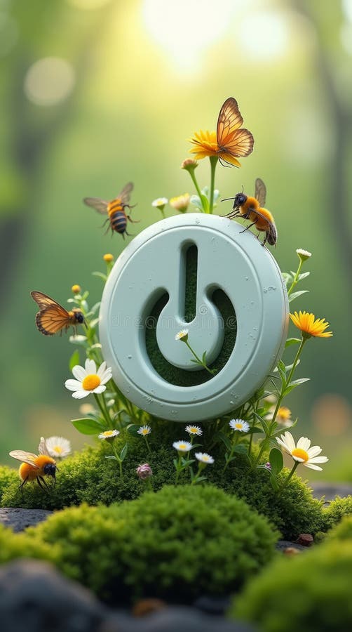 3D Power Button Icon Emerging from Moss and Flowering Plants Stock Photo - Image of design ...