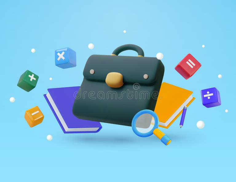 3d Primary Math Teaching Concept with Briefcase, Notebook, Basic Math Calculation Symbol in Cube ...