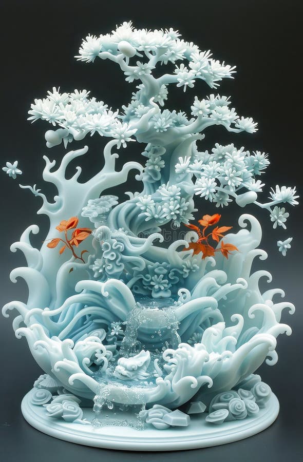 3D Printed Ceramic Sculpture of a Tree and Waterfall Stock Image ...